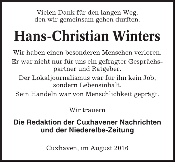 Hans-Christian Winters : Traueranzeige : Cuxhavener Nachrichten