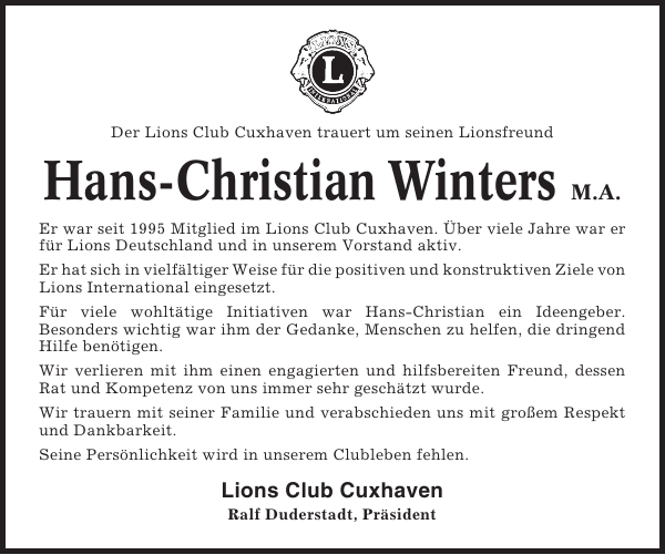 Hans-Christian Winters: Gedenken : Cuxhavener Nachrichten