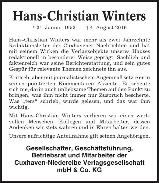 Hans-Christian Winters: Gedenken : Cuxhavener Nachrichten