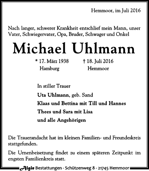 Michael Uhlmann: Traueranzeige : Cuxhavener Nachrichten