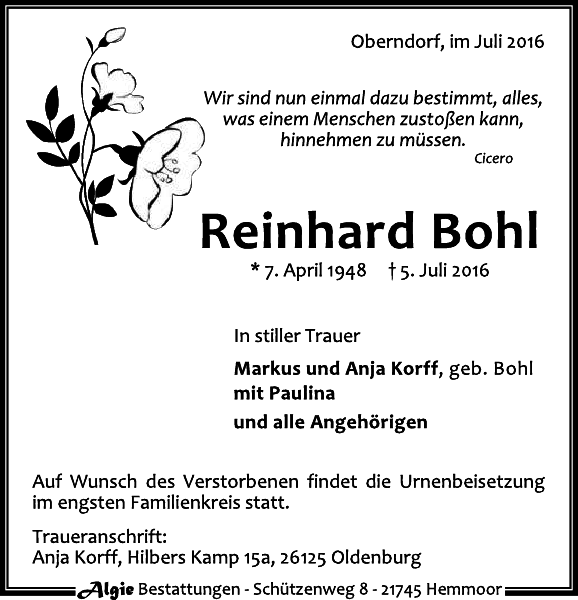 Reinhard Bohl: Traueranzeige : Cuxhavener Nachrichten