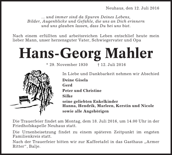 Hans-Georg Mahler: Traueranzeige : Cuxhavener Nachrichten