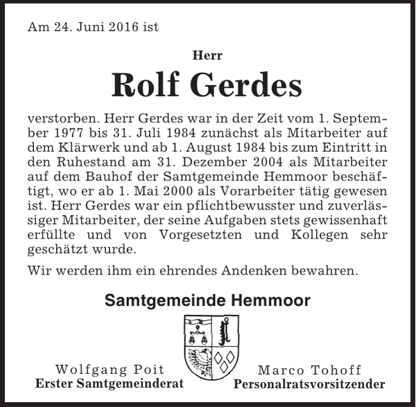 Rolf Gerdes : Gedenken : Cuxhavener Nachrichten