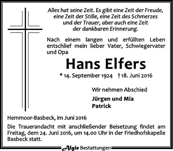 Hans Elfers: Traueranzeige : Cuxhavener Nachrichten