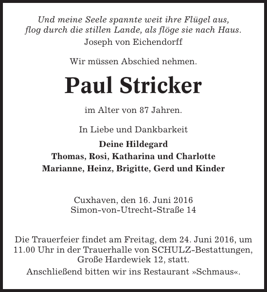 Paul Stricker : Traueranzeige : Cuxhavener Nachrichten