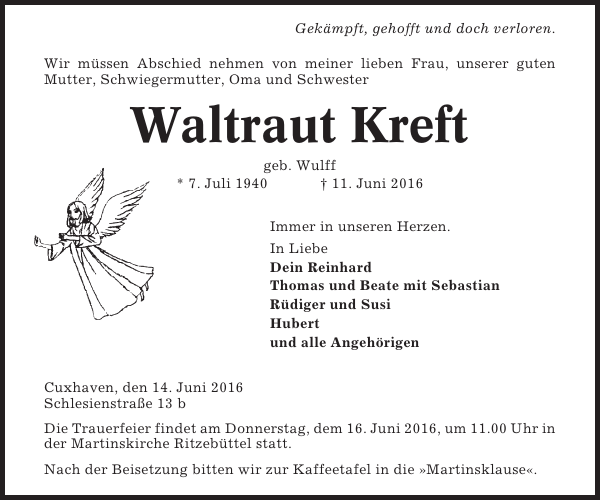 Waltraut Kreft: Traueranzeige : Cuxhavener Nachrichten