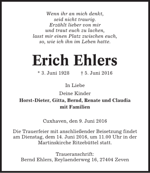 Erich Ehlers : Traueranzeige : Cuxhavener Nachrichten