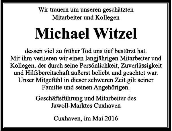 Michael Witzel : Gedenken : Cuxhavener Nachrichten