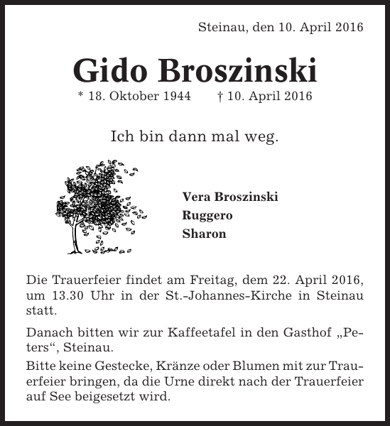 Gido Broszinski : Traueranzeige : Cuxhavener Nachrichten