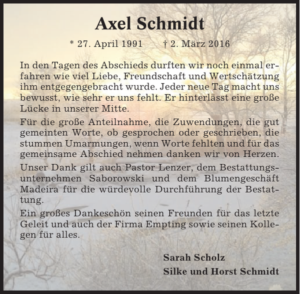 Axel Schmidt: Danksagung : Cuxhavener Nachrichten