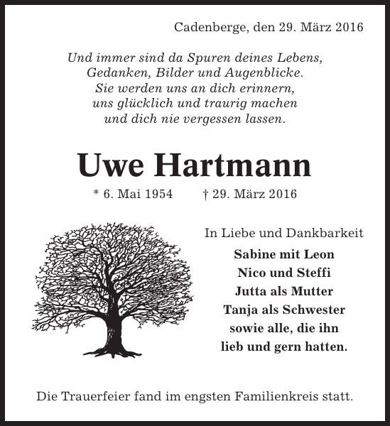 Uwe Hartmann: Traueranzeige : Cuxhavener Nachrichten