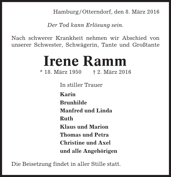 Irene Ramm: Traueranzeige : Cuxhavener Nachrichten