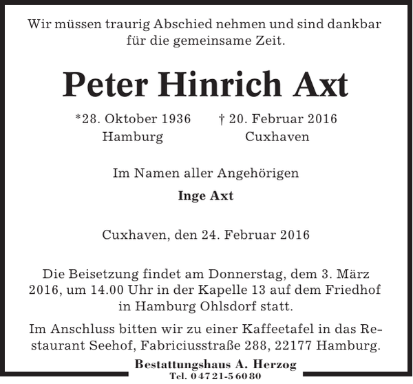 Peter Hinrich Axt: Traueranzeige : Cuxhavener Nachrichten