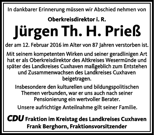 Jürgen Prieß: Gedenken : Cuxhavener Nachrichten