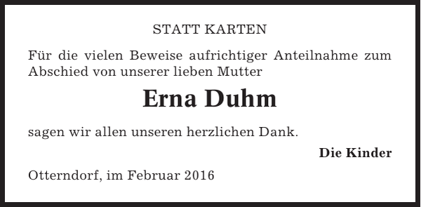 Erna Duhm: Danksagung : Cuxhavener Nachrichten Erna Duhm: Danksagung : Cuxhavener Nachrichten