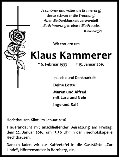 Klaus Kammerer: Traueranzeige : Cuxhavener Nachrichten