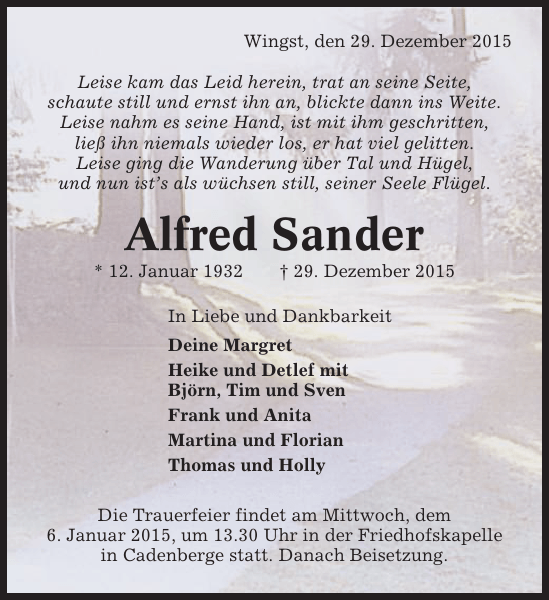 Alfred Sander : Traueranzeige : Cuxhavener Nachrichten