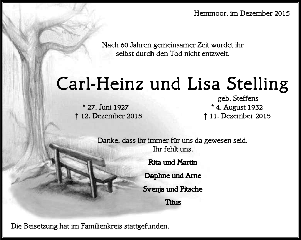 Carl-Heinz und Lisa Stelling: Traueranzeige : Cuxhavener Nachrichten