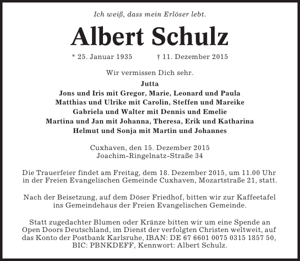 Albert Schulz: Traueranzeige : Cuxhavener Nachrichten