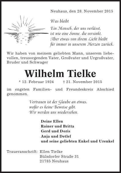 Wilhelm Tielke: Traueranzeige : Cuxhavener Nachrichten