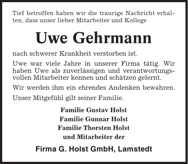 Uwe Gehrmann: Gedenken : Cuxhavener Nachrichten