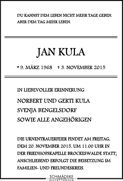 Jan Kula : Traueranzeige : Cuxhavener Nachrichten