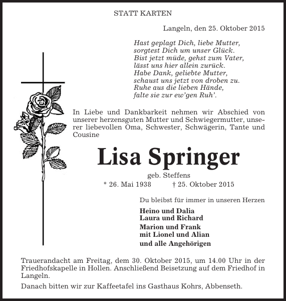 Lisa Springer: Traueranzeige : Cuxhavener Nachrichten