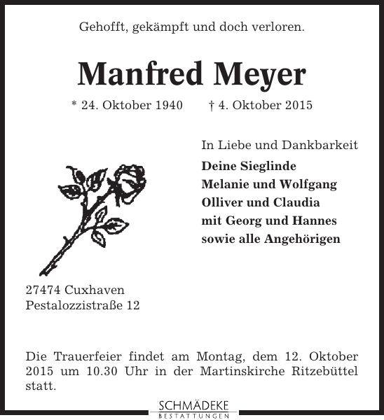 Manfred Meyer : Traueranzeige : Cuxhavener Nachrichten