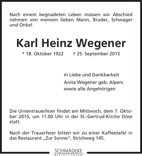 Karl Heinz Wegener : Traueranzeige : Cuxhavener Nachrichten