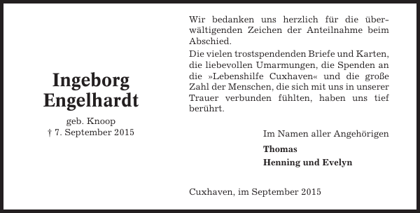 Ingeborg Engelhardt: Danksagung : Cuxhavener Nachrichten