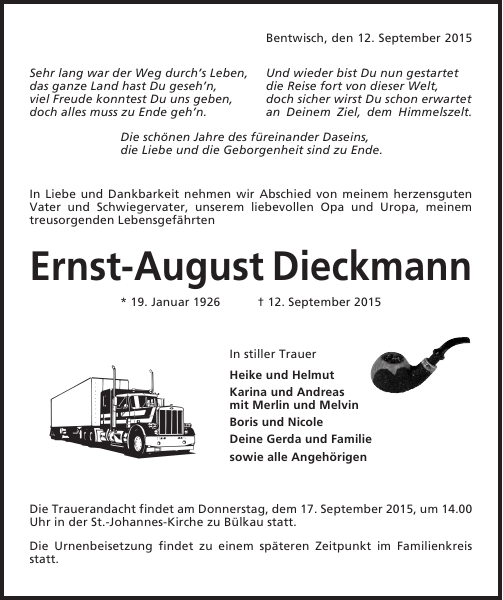 Ernst-August Dieckmann: Traueranzeige : Cuxhavener Nachrichten