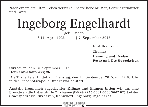 Ingeborg Engelhardt: Traueranzeige : Cuxhavener Nachrichten