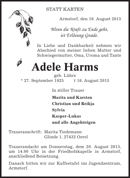 Adele Harms : Traueranzeige : Cuxhavener Nachrichten