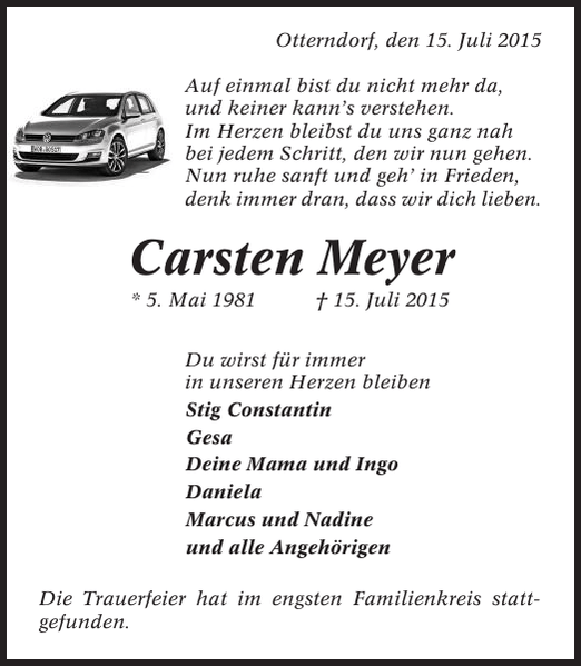 Carsten Meyer: Traueranzeige : Cuxhavener Nachrichten