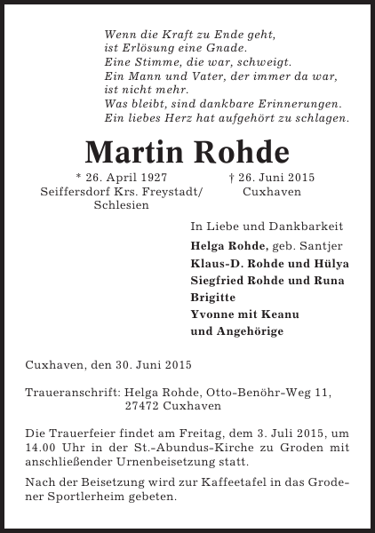 Martin Rohde : Traueranzeige : Cuxhavener Nachrichten