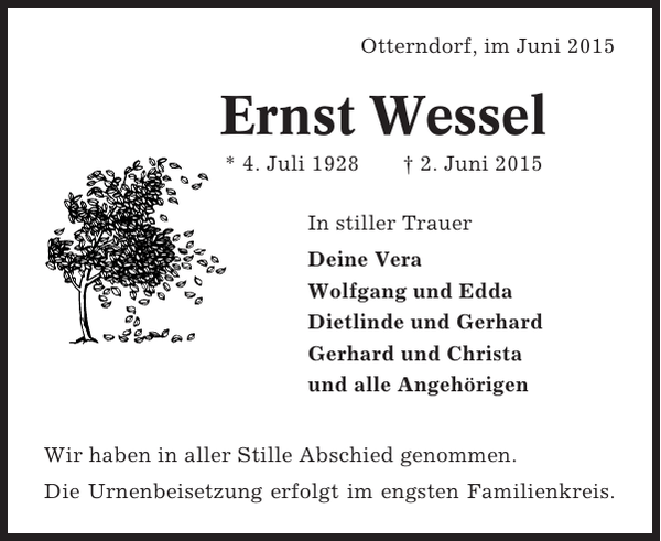 Ernst Wessel: Traueranzeige : Cuxhavener Nachrichten