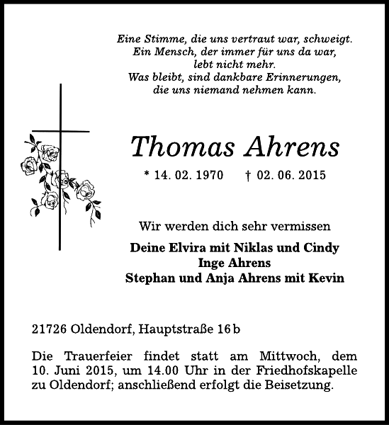 Thomas Ahrens : Traueranzeige : Cuxhavener Nachrichten