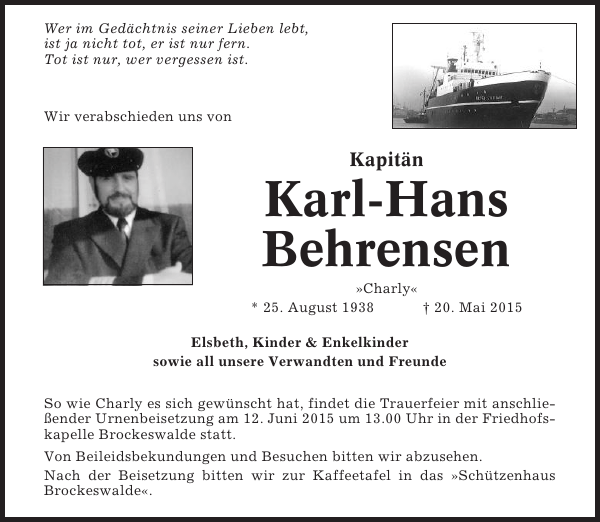 Karl-Hans Behrensen: Traueranzeige : Cuxhavener Nachrichten