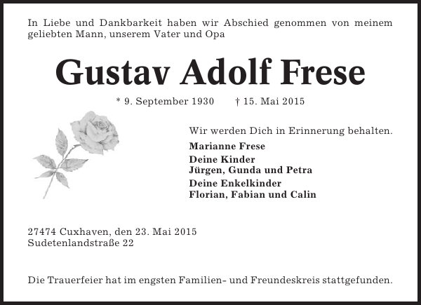 Gustav Adolf Frese: Traueranzeige : Cuxhavener Nachrichten