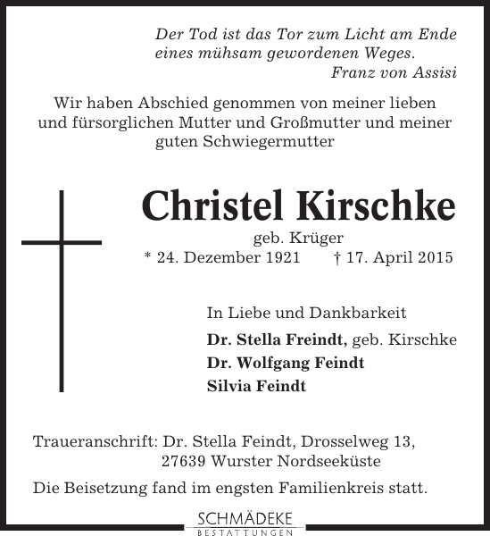 Christel Kirschke: Traueranzeige : Cuxhavener Nachrichten