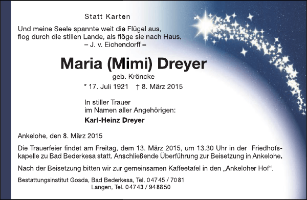 Maria Dreyer: Traueranzeige : Cuxhavener Nachrichten