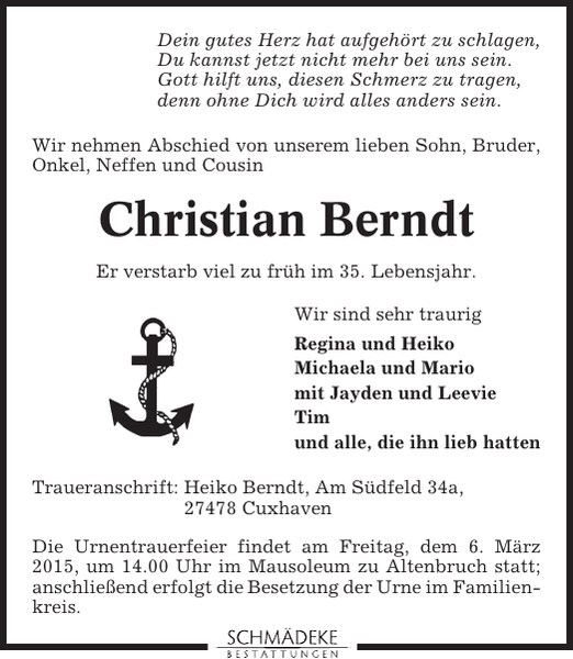 Christian Berndt: Traueranzeige : Cuxhavener Nachrichten