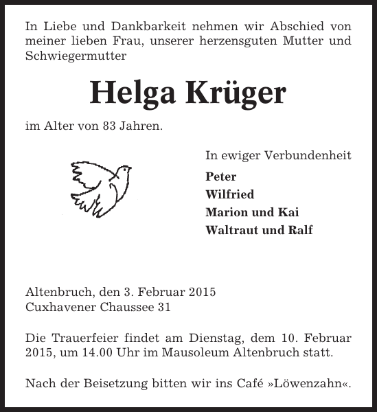 Helga Krüger : Traueranzeige : Cuxhavener Nachrichten