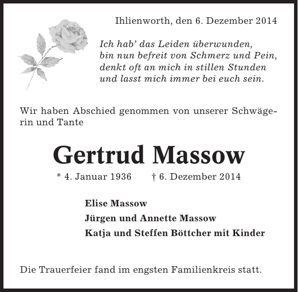 Gertrud Massow: Traueranzeige : Cuxhavener Nachrichten