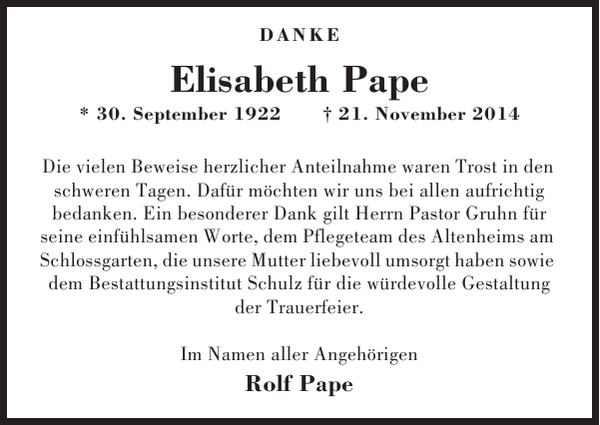 Elisabeth Pape: Gedenken : Cuxhavener Nachrichten
