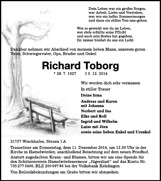 Richard Toborg: Traueranzeige : Cuxhavener Nachrichten