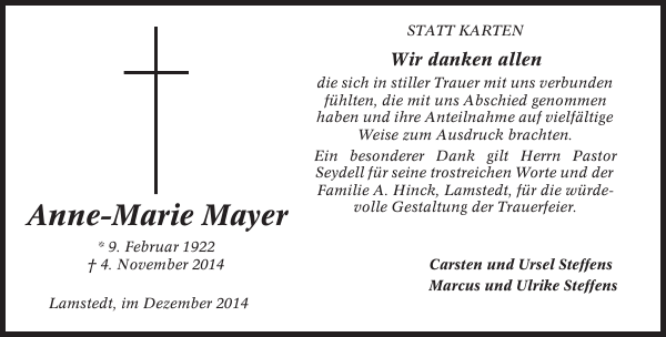 Anne-Marie Mayer : Danksagung : Cuxhavener Nachrichten