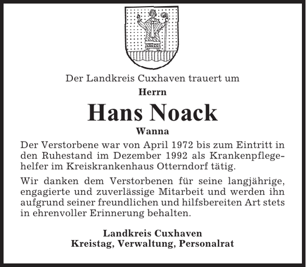 Hans Noack: Gedenken : Cuxhavener Nachrichten