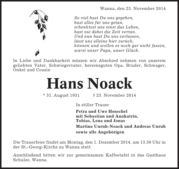 Hans Noack: Traueranzeige : Cuxhavener Nachrichten