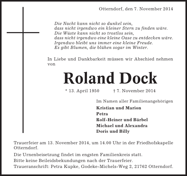 Roland Dock: Traueranzeige : Cuxhavener Nachrichten